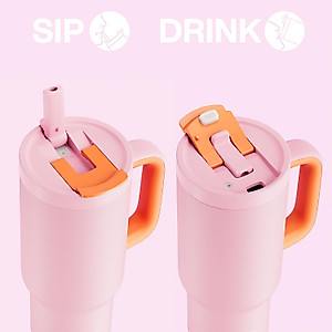 ENCOOL 32 oz Tumbler with Handle and Flip Straw, 100% Resistant Tumbler with Lid and Straw, Insulated Stainless Steel Travel Coffee Mug, Keeps Cold for 24 Hours, Cup Holder Friendly (Blush)