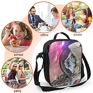 PrelerDIY Space Cat Lunch Box - Insulated Lunch Box for Kids with Side Pocket & Shoulder Strap Lunch Bag, Perfect for School/Camping/Hiking/Picnic/Beach/Travel