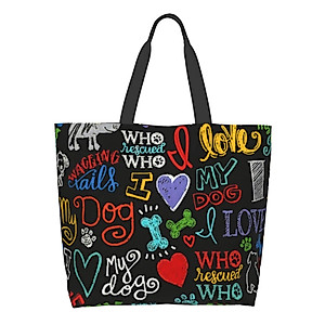 Animal Novelty I Love My Dog Reusable Tote Bag Women Large Casual Handbag Shoulder Bags for Shopping Groceries Travel Outdoors