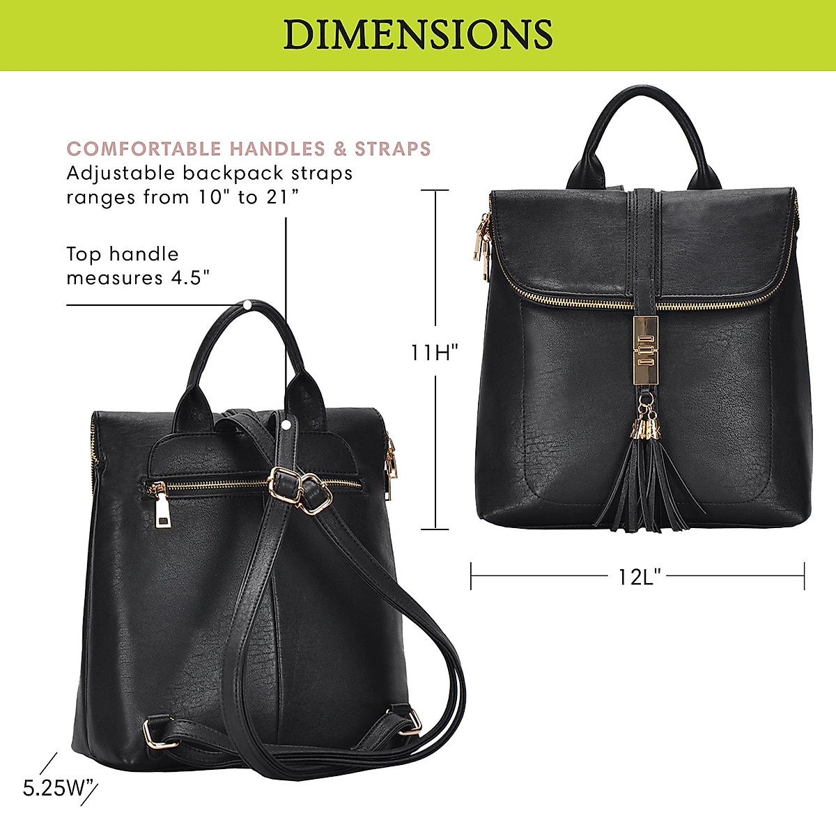 Miztique The Diana Backpack Purse for Women, Flap Over Tote Bag, Soft Vegan Leather - Black