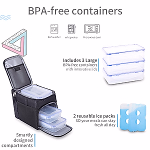 Lunch Box for Men,Women, Insulated Lunch Bag Set, Includes 3 Reusable Meal Prep Containers + 2 Ice Pack, Leakproof Thermal Lunch Box with Detachable Shoulder Strap for Office Work, Camping, School