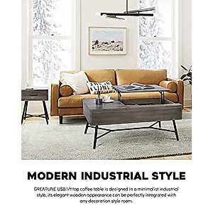 OUllUO Wood Lift Top Coffee Table with Charging Station, Vintage Coffee Table with Storage, Rustic Central Table for Living Room, Home Office, Gray Rising Coffee Table