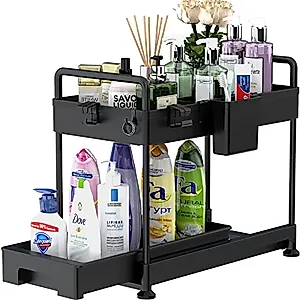 SOLEJAZZ 2-Tier Under Sink Organizer, Sliding Under Bathroom Cabinet Storage Drawer Organizer with Hooks, Hanging Cup, Dividers, Handles, Multi-purpose Under Sink Shelf Organizer, Black