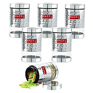 HAZEL Stainless Steel Hammered Finish Transparent Glossy See Through Container, Set of 6, 700 ML Each, Silver