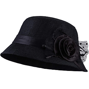 Vijiv Women's Vintage 1920s Gatsby Hat Linen Bucket Cloche Derby Church Hat for Cocktail Party with Floral 56-58cm Black