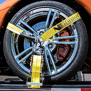 VULCAN Car Tie Down with Snap Hooks - Lasso Style - 2 Inch x 96 Inch - 4 Pack - Classic Yellow - 3,300 Pound Safe Working Load