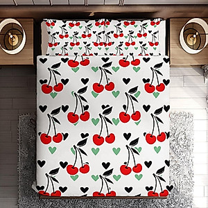 Delerain Comforter Set Queen Size, Red Cherry Print 3-Piece Bedding Set for Women Men Modern Soft Microfiber Bedroom Set Room Decor, 1 Duvet Cover + 2 Pillowcases