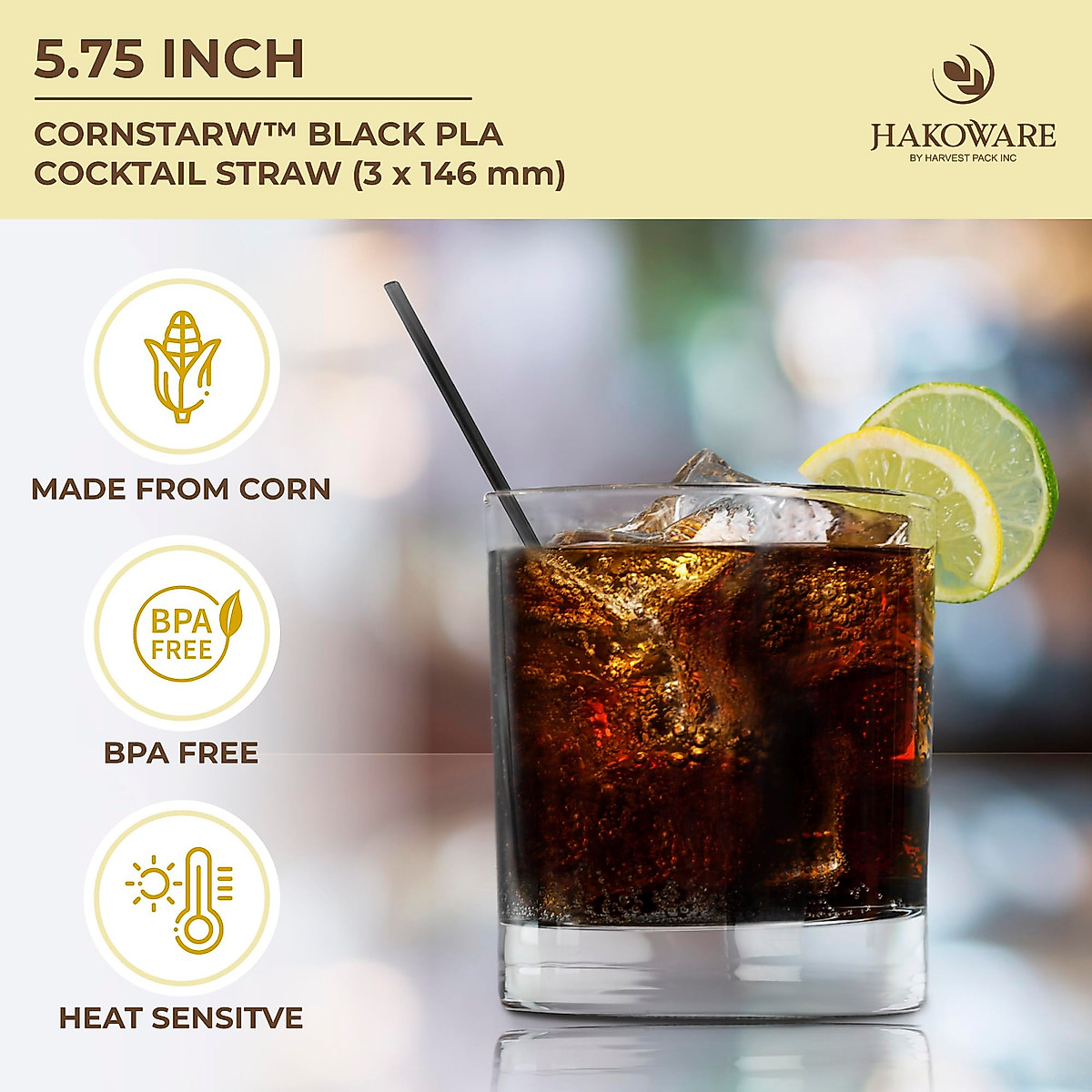 [500 COUNT] CORNSTRAW 5" Black PLA Cornstarch Plasticless Disposable Drink Stirrer Cocktail Straw