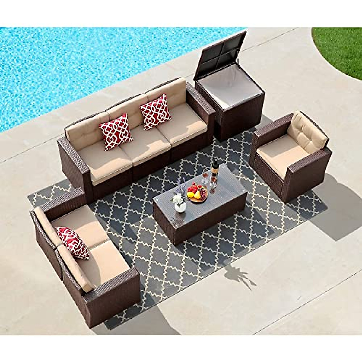 Super Patio 8 Pieces Patio Furniture Set, Outdoor Sectional Sofa, PE Wicker Patio Conversation Sets with Storage Box, Coffee Table, Three Red Pillows, Brown