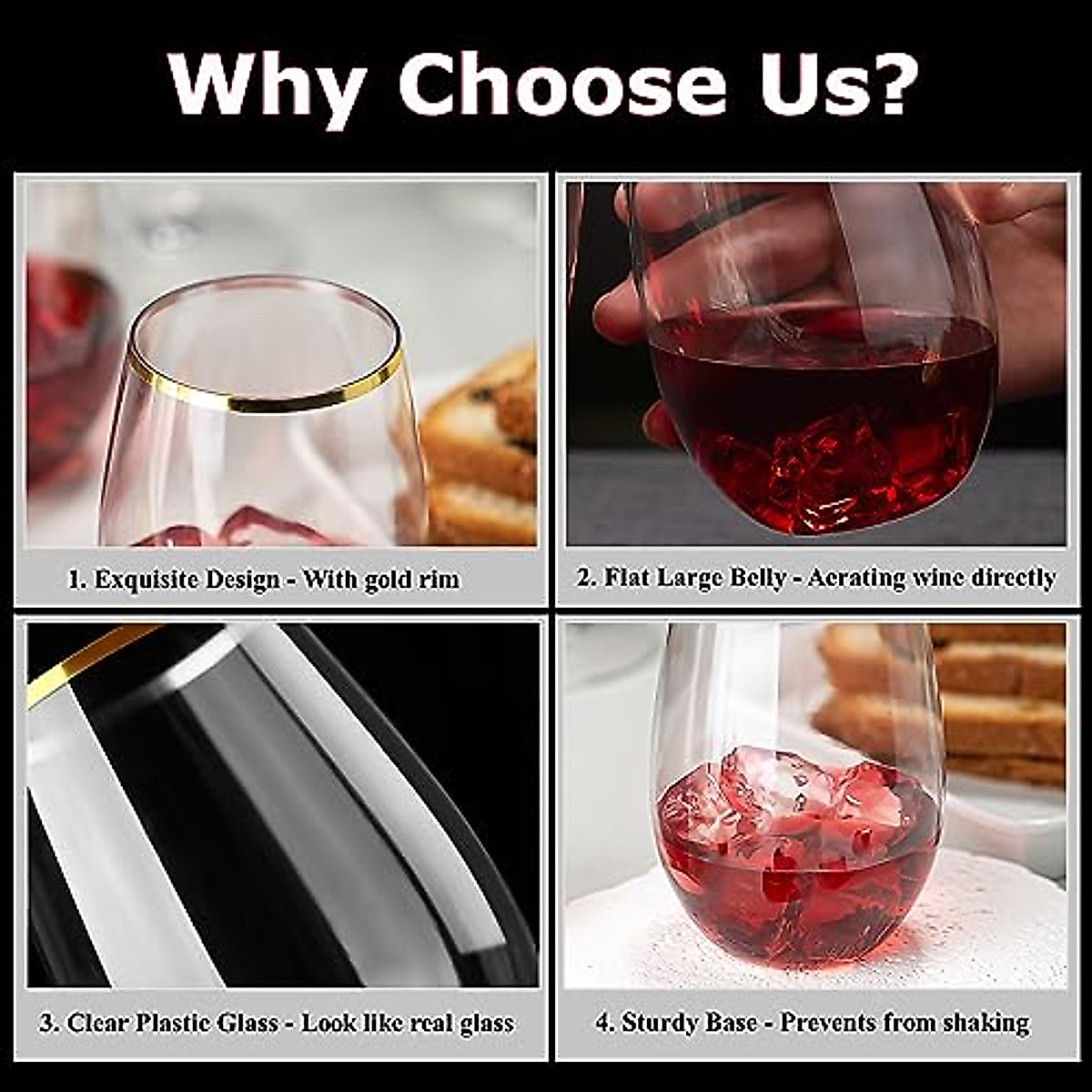 ROIMEE VONT 20 Pack 16oz Plastic Stemless Wine Glasses Disposable Heavy Duty Unbreakable Clear Plastic Wine Glasses Recyclable Shatterproof Reusable Plastic Red/White Wine Cups for Parties Weddings