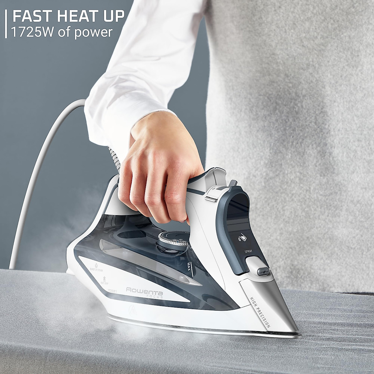 Rowenta Focus Stainless Steel Soleplate Steam Iron for Clothes 400 Microsteam Holes, Cotton, Wool, Poly, Silk, Linen, Nylon 1725 Watts Portable, Ironing, Garment Steamer DW5280
