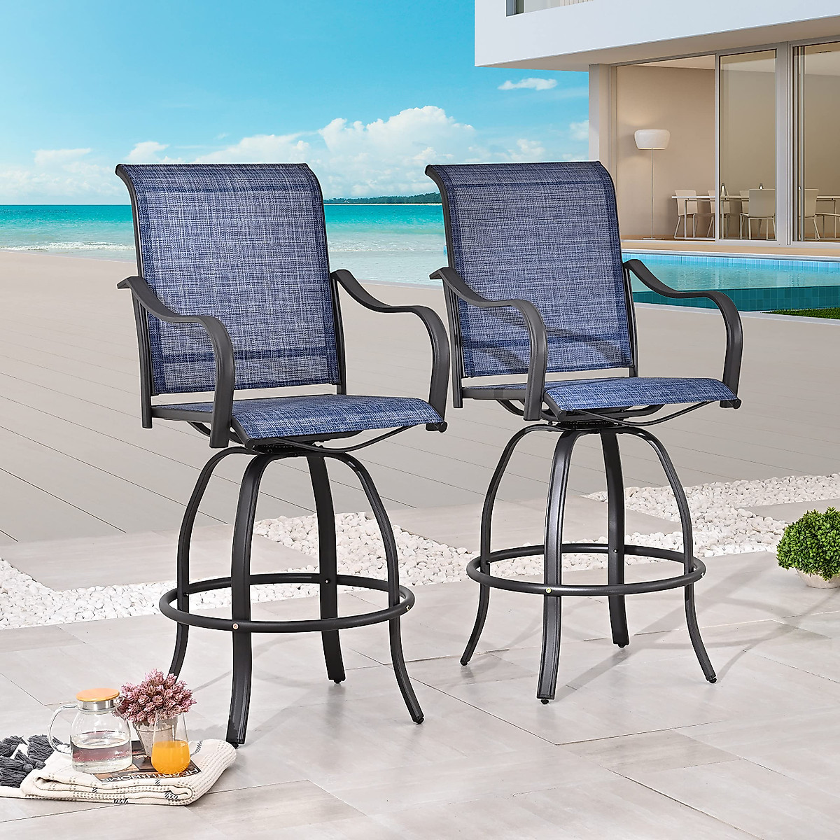LOKATSE Home 2 Piece Bar Height Patio Chairs Outdoor Swivel Stools Set Furniture with All Weather Metal Frame, Blue Tesling Fabric
