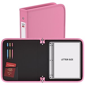 ZOOPIP Fireproof 3 Ring Binder with Zipper, 1.5 Inch D Rings Hold up 375 Sheets of 8.5" x 11" (A4), Compatible with Clear Page Protectors, Built-in Net and Pen Holder(Pink, 1 Pcs)