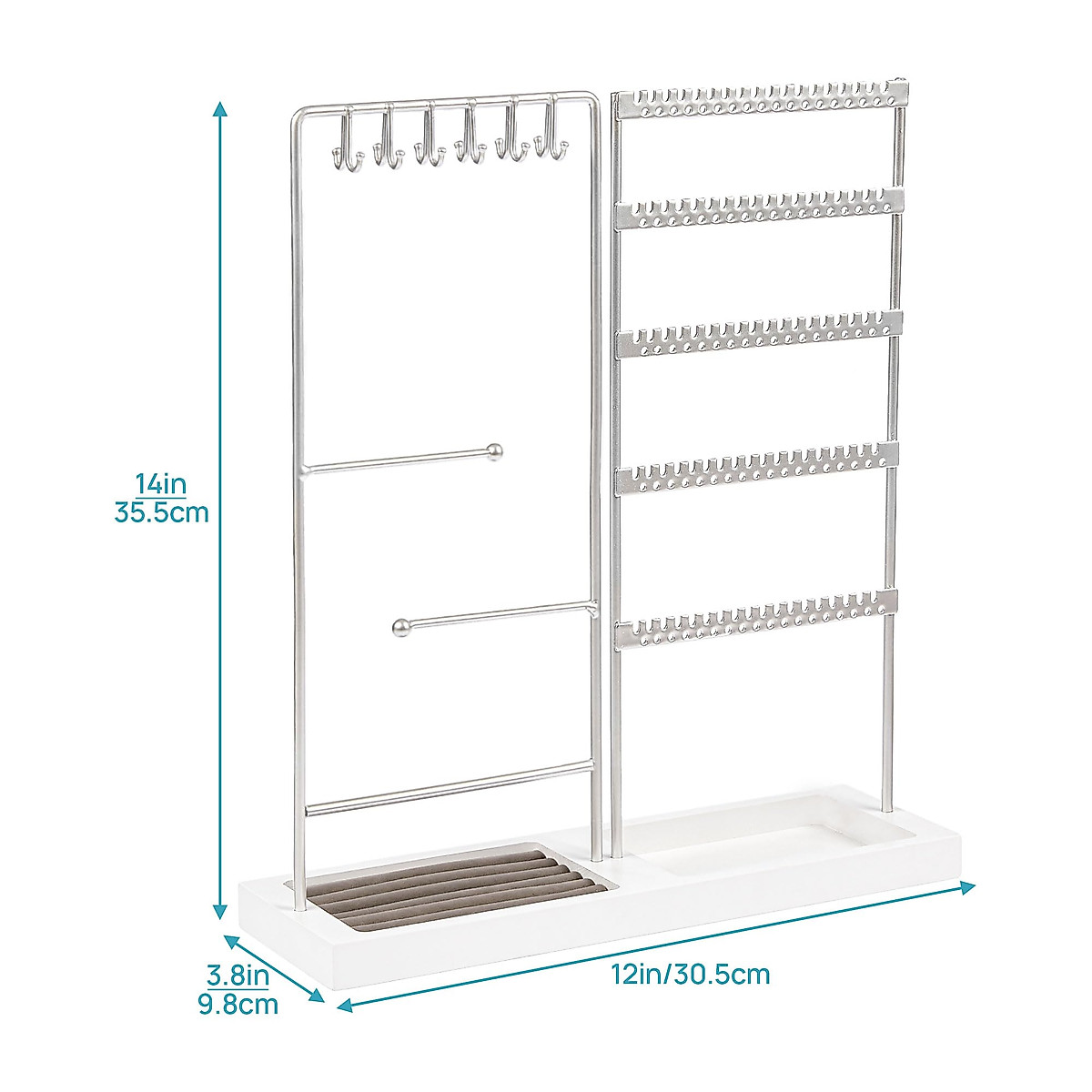 Vtopmart Jewelry Holder Organizer Stand Tree for Earring Necklace Ring Bracelets Display and Storage, with 90 Holes, 12 Hooks, Silver+White