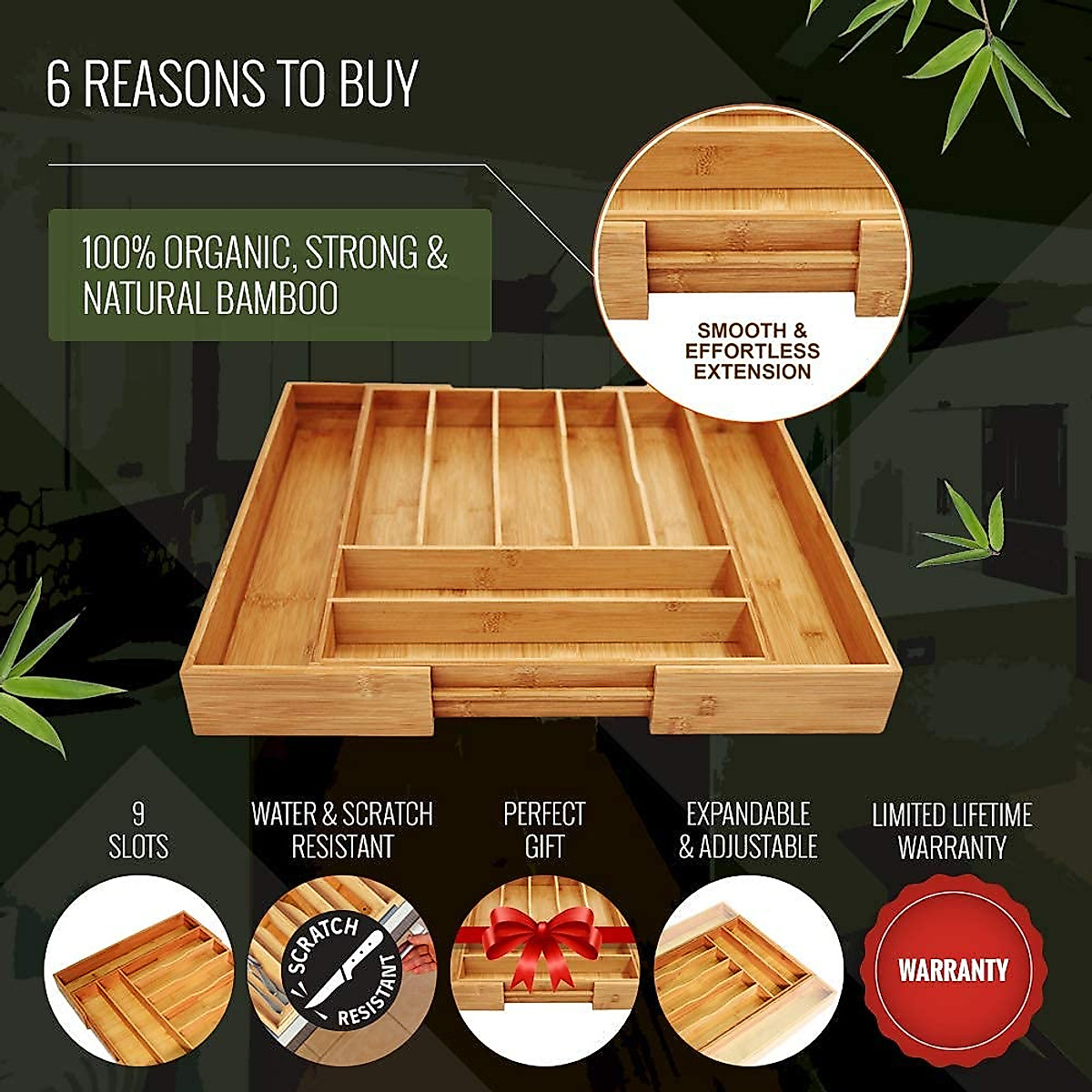 Bamboo Drawer Organizer Kitchen Silverware Utensil tray for Spoons Fork Cutlery Holder Cabinet with Expandable Dividers Adjustable Trays Wooden Flatware Storage Accessories Made with 100% Bamboo