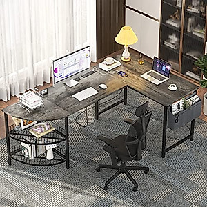 Unikito L Shaped Desk with Power Outlet, 98.4" Reversible Corner Computer Table with Storage Shelves and Bag, Modern 2 Person Large Long Desk for Home Office Writing Study Workstation, Black Oak