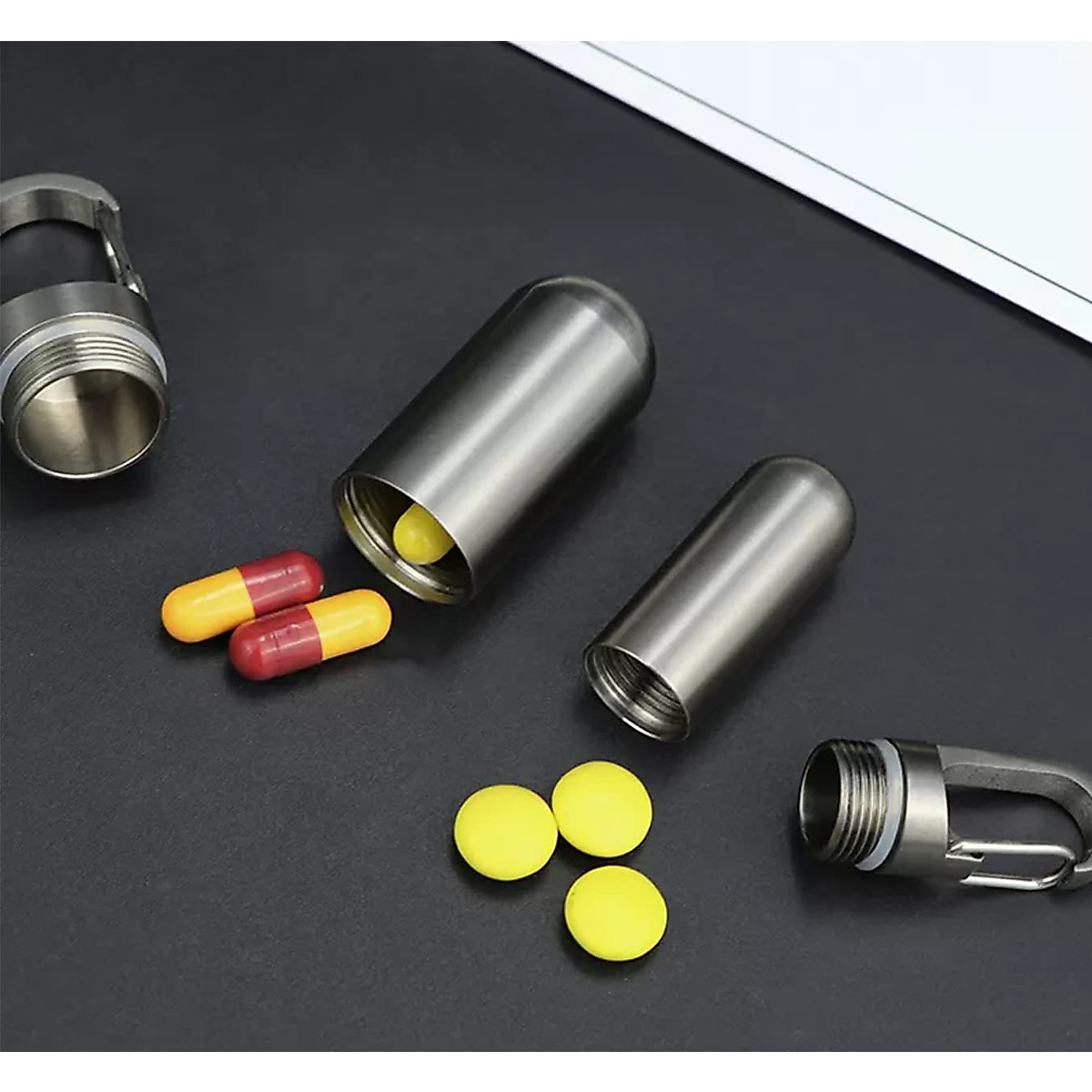 Pill Holder with Carabiner Style Clip, Stainless Steel Pill Fob Keychain (Standard)