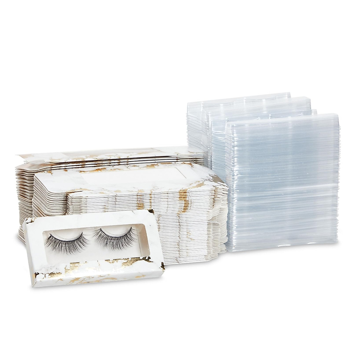 100 Pack Empty Eyelash Packaging Box with Tray, Marble Gold Foil False Lash Holder Case for Wholesale