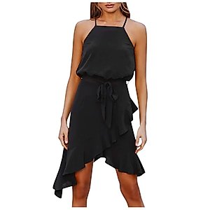 Shakumy Women Casual Sleeveless Halter Neck Boho Print Mini Dress Ruffle Irregular Hem Party Beach Tunic Short Dress