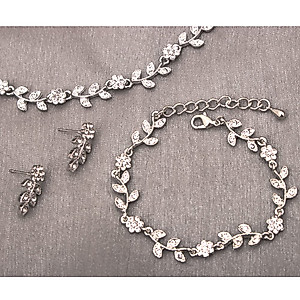 Enrwin Austrian Crystal Rhinestone Choker Necklace Dangle Earring Link Bracelet Jewelry Set for Brides Bridesmaid Prom Costume Accessories for Women (White-Platinum Plated)