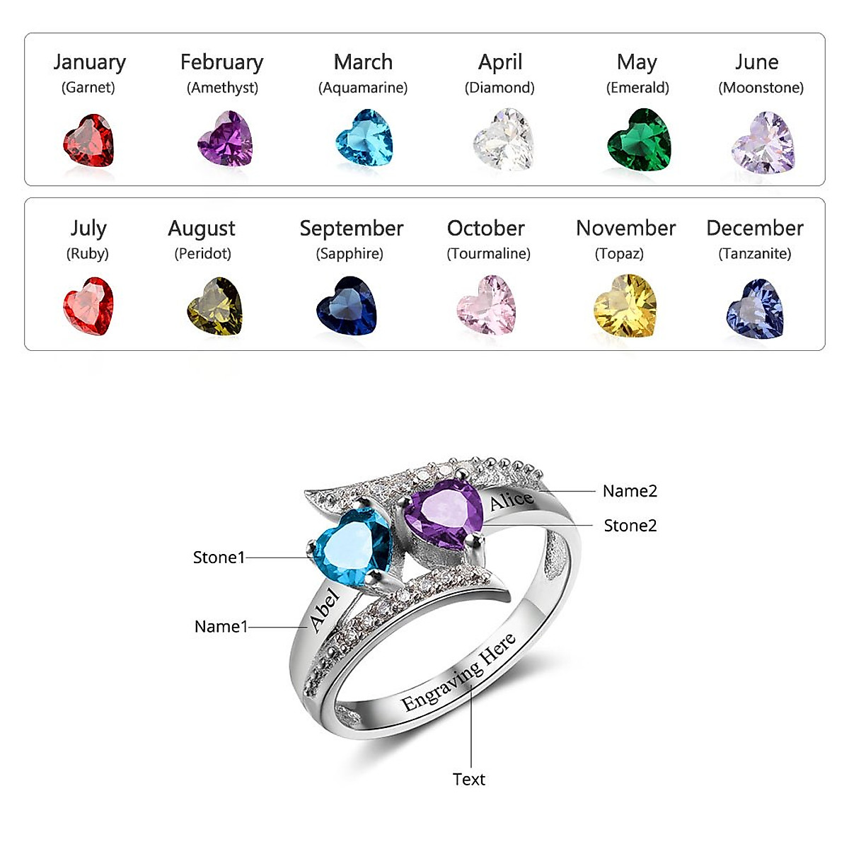 JewelOra Personalized 2 Simulated Birthstones Engagement Promise Ring For Her Couple Friendship Rings for Women (Silver, 7)