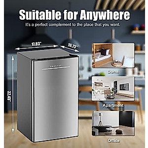 Frestec Mini Fridge with Freezer,Small Refrigerator,Mini Fridge for Bedroom,3.1 Cu Ft Single Door Compact,Energy Saving,Low Noise with Reversible Door,Mini Fridge for Office (Stainless Steel)