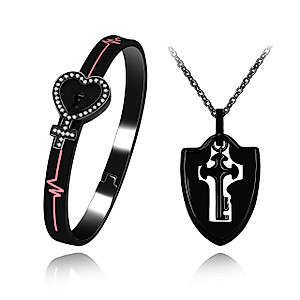 Stainless Black Heart Lock Bangle Heartbeat Line CZ Pave Cross Cuff Bracelet with Shield Key Pendant Necklace Couples Set (Heart, Black)
