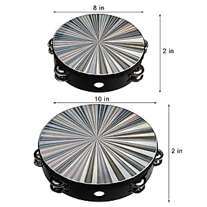 YOUEON 2 Pack Radiant Tambourine with Double Row Jingles, 8/10 Inch Wood Handbell Music Reflective Drum, Hand Drum Percussion Instrument for Church, Tambourine for Dance, Party, KTV