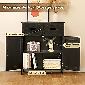 Quimoo Storage Cabinet, Bathroom Floor Cabinet with 2 Doors & Adjustable Shelves, Bathroom Storage Cabinet with 2 Doors for Living Room, Home Office, Black