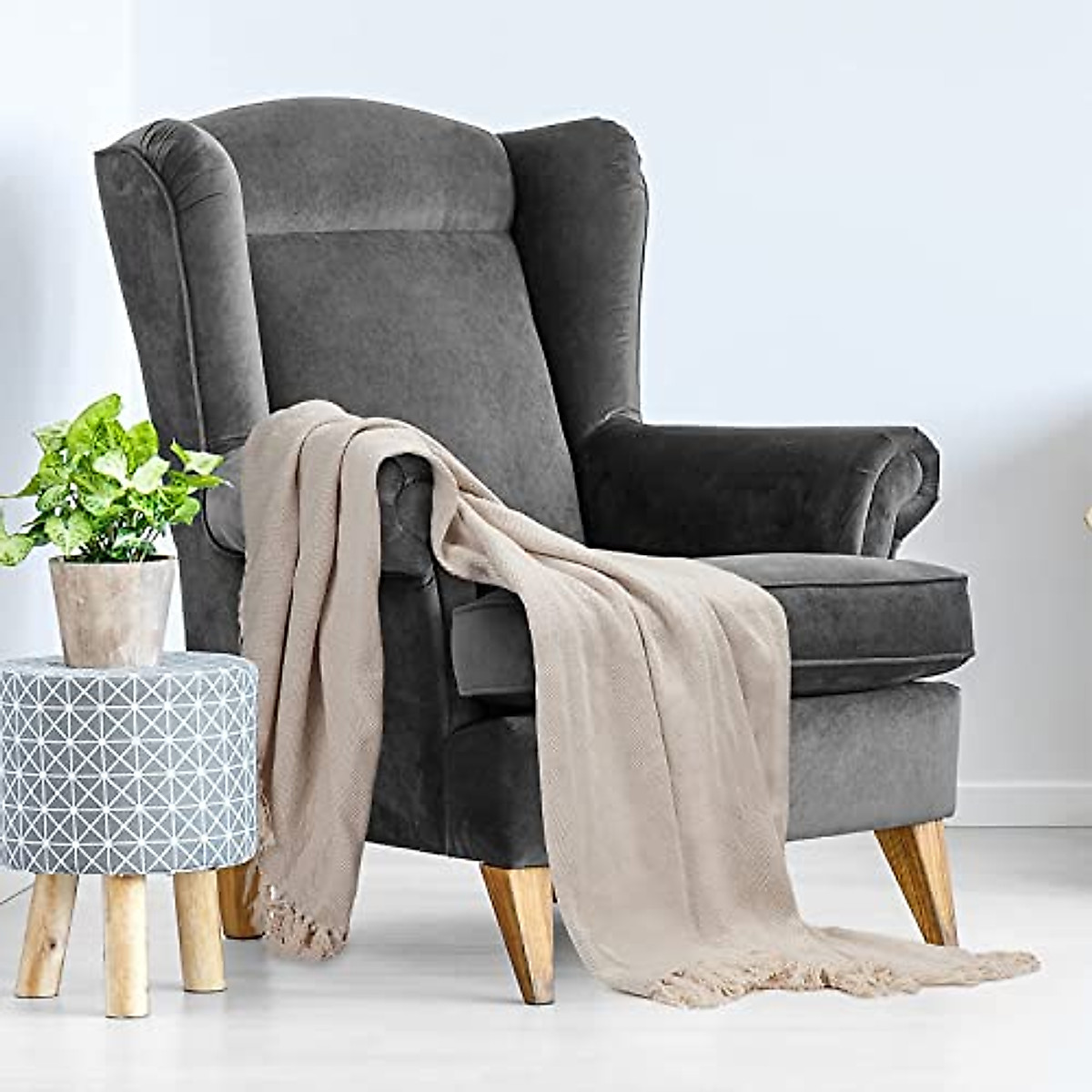 Americanflat 100% Cotton Throw Blanket for Couch - 50x60 - All Seasons Neutral Lightweight Cozy Soft Blankets & Throws for Bed, Sofa or Chair. Indoor or Outdoor [Cream Herringbone]