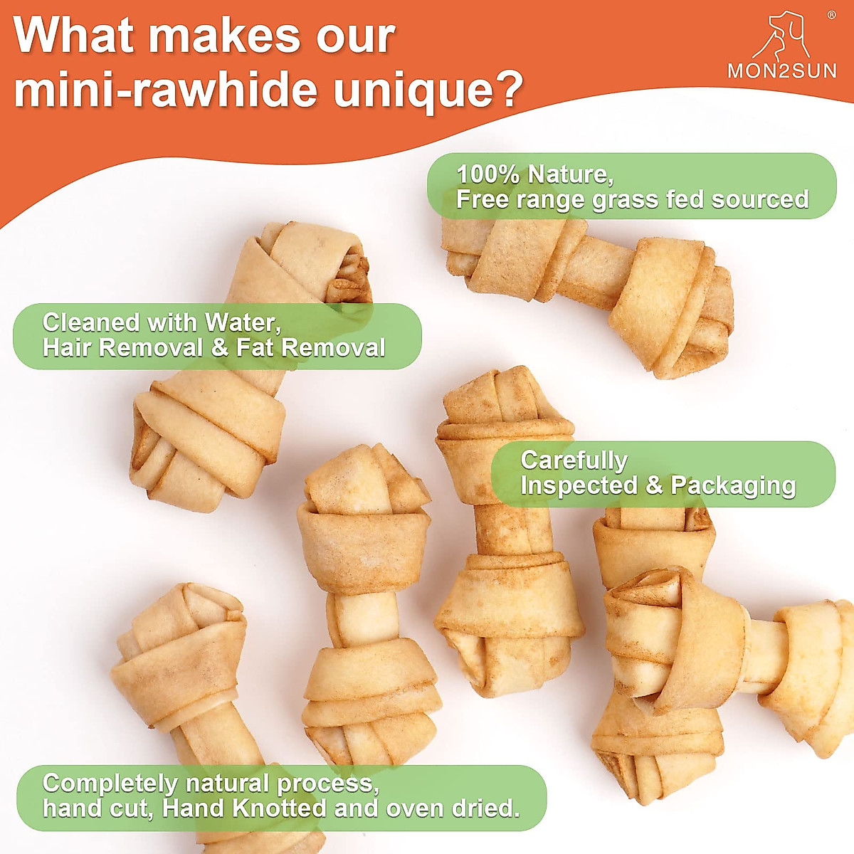 MON2SUN Dog Rawhide Knot Bones Small Rawhide Bones Mini Dog Chews Chicken Flavour 2.5 Inch 100 Count for Puppy and Small Dogs