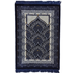 Modefa Turkish Islamic Prayer Rug - Large Wide Velvet Carpet - Soft Muslim Janamaz Sajada - Thick Turkish Prayer Mat for Men & Women - Ramadan or Eid Gift - Free Kufi Cap - Plush Paisley (Navy Blue)