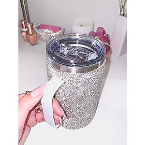 TISHAA Bling Dazzling Rhinestone Stylish 750 mL Vacuum Insulated Stainless Steel Travel Water Bottle Cup Thermos Mug with Handle Lid (White)