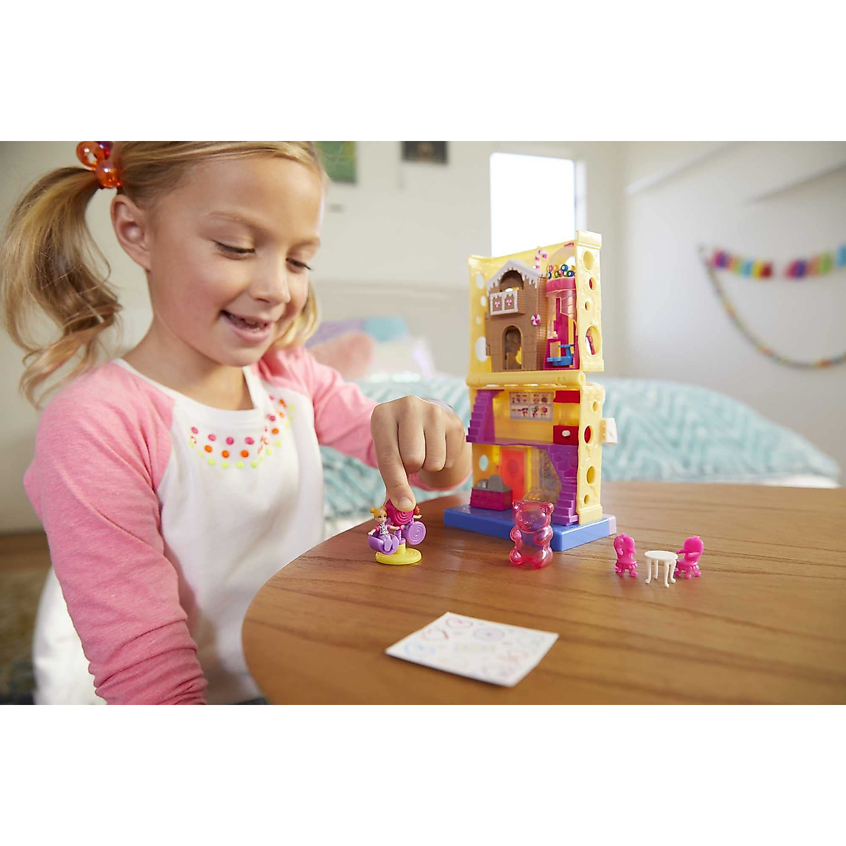 Polly Pocket Pollyville Candy Store with 4 Floors of Fun, Micro Polly & Lila Dolls, 1 Sticker Sheet and 5 Micro Accessories