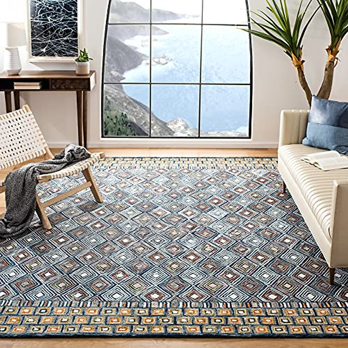 SAFAVIEH Aspen Collection Area Rug - 5' x 8', Blue & Gold, Handmade Boho Wool, Ideal for High Traffic Areas in Living Room, Bedroom (APN810M)