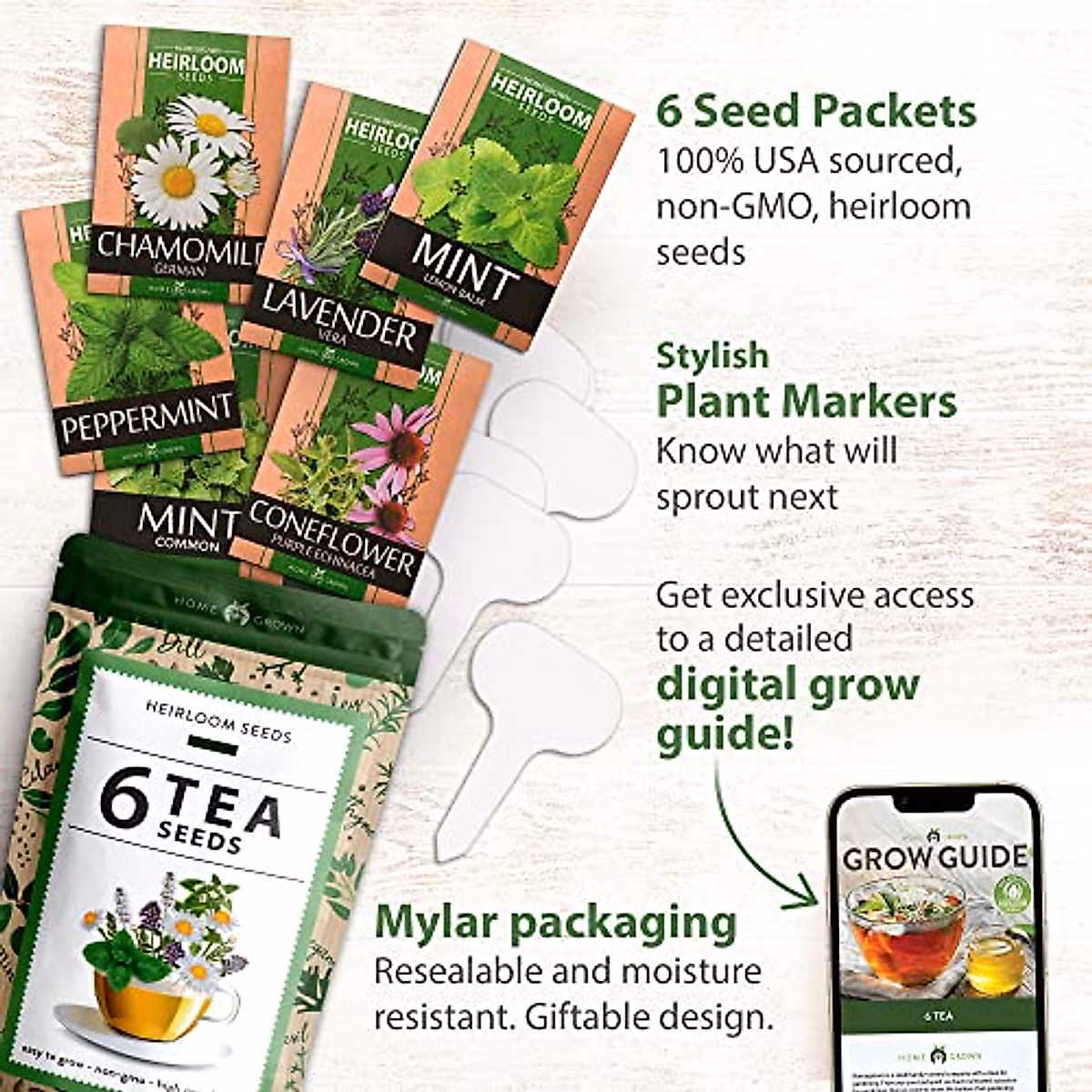 Medicinal Herb Seeds Collection | 6 Heirloom Tea Seeds | Non GMO Lavender, Chamomile, Mint Seeds for Planting Outdoors & Indoors - Lemon Balm, Peppermint, Echinacea | Gardening Gifts for Women & Men