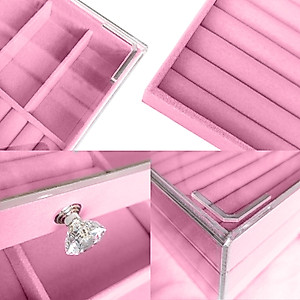 Jemjosh Clear Acrylic Velvet Jewelry Organizer with 3 Drawers, Stackable Display Storage Earrings Necklace Rings Bracelets Box Holder Case for Women, Pink