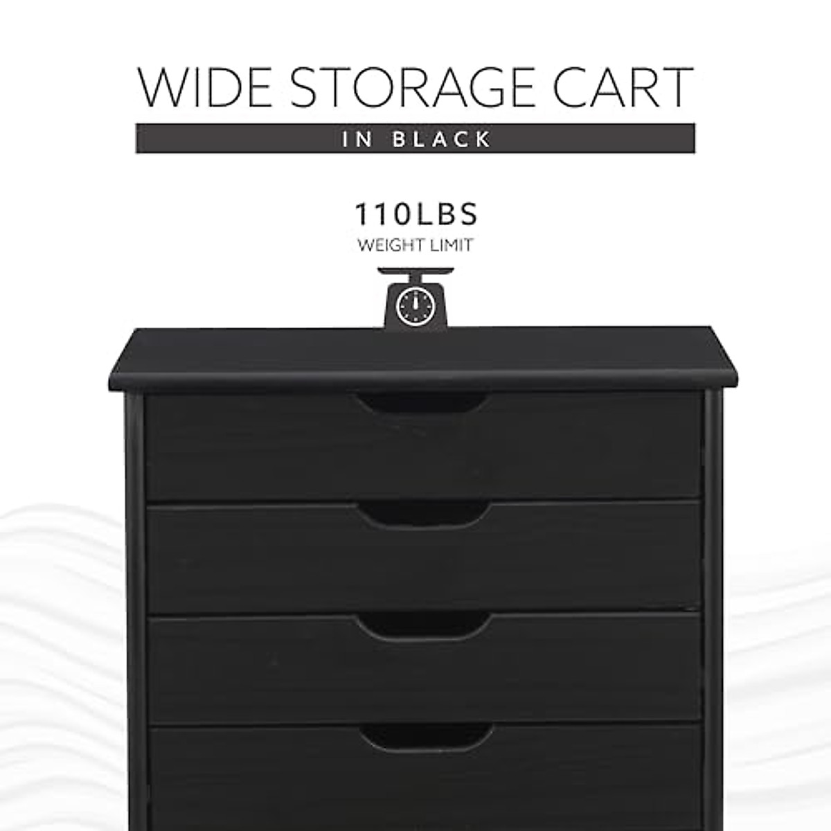 Linon Rolling Storage Corinne Cart, Six Wide Drawers, Black Wide