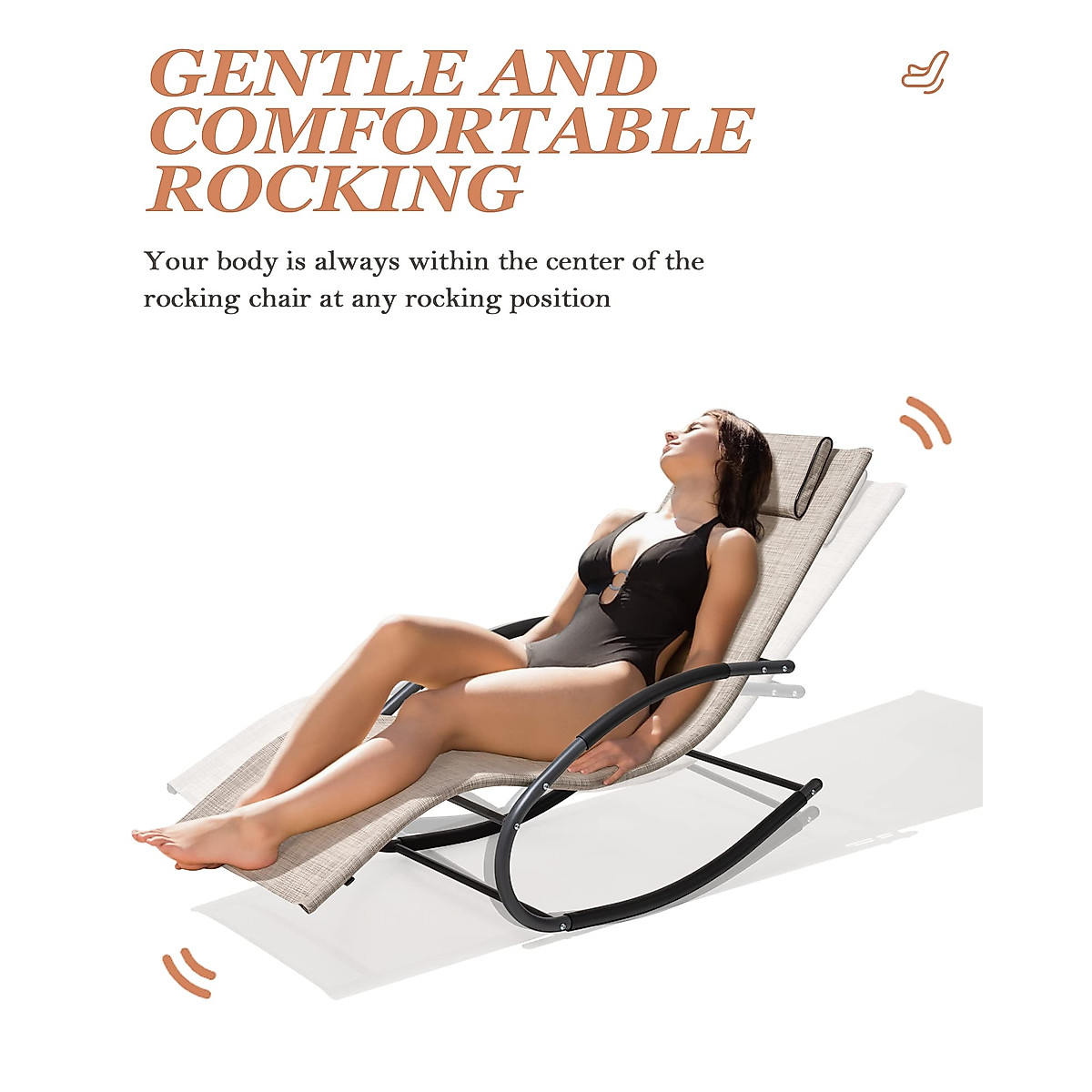 Crestlive Products Patio Rocking Chair Curved Rocker Chaise Lounge Chair with Pillow for Beach Yard Pool Outdoor Indoor, Gray Steel Frame (2 PCS Beige)