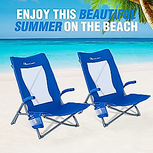 MOON LENCE 2 Pack Low Beach Lawn Lounge Chair, Outdoor Camping Chairs for Adults Folding, Portable, Comfortable with Arm Cushions, Cup Holder & Carry Bag(Blue)