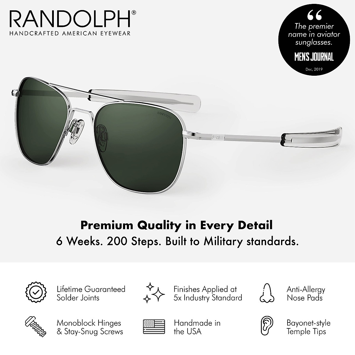 Randolph USA | Bright Chrome Classic Aviator Sunglasses for Men or Women Polarized 100% UV