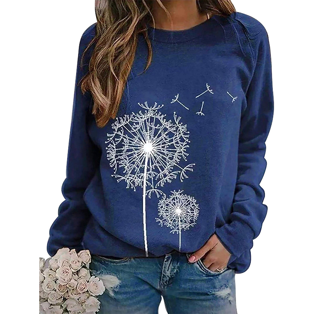 BANGELY Womens Dandelion Sweatshirt Casual Crewneck Loose Pullover Tops Long Sleeve Graphic Tee Shirt Blue