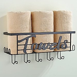 KEGII Towel Rack/Holder Wall Mounted with 5 Towel Hooks, Rolled Bath Hand Towel Storage - Bathroom Organizer for Towels Black Stainless Steel