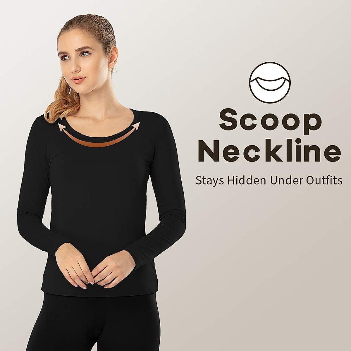 MANCYFIT Womens Thermal Tops Fleece Lined Shirt Long Sleeve Base Layer Scoop Neck Black Medium