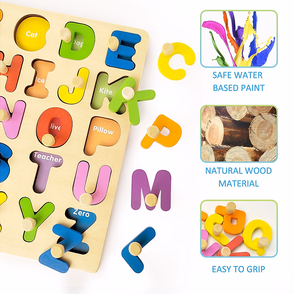 Alphabet Wooden Peg Puzzles Educational Learning Jigsaws Puzzles with Board Knob ABC Letters Alphabet Toys for Toddlers 1 2 3 4 5,Great Preschool Gifts for Girls and Boys