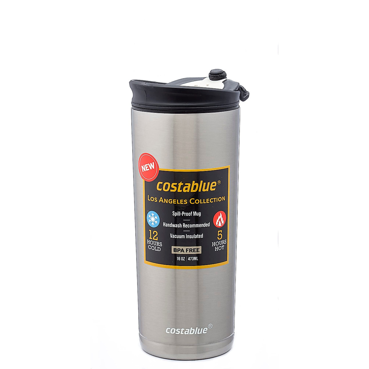 costablue Travel Coffee Mug 16 Oz. Stainless Steel, Leak Proof Dishwasher Safe Lid, Double Wall Coffee Cup, Reusable Insulated Tumbler for Hot & Cold Beverages Eco friendly