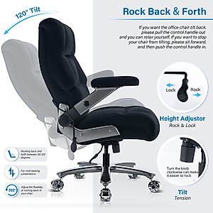 Big and Tall Office Chair 500lbs- Executive Desk Chair with Adjustable Lumbar Support 3D Flip UP Arms- Heavy Duty Quiet Wheels Metal Base Ergonomic Computer Chair, Black