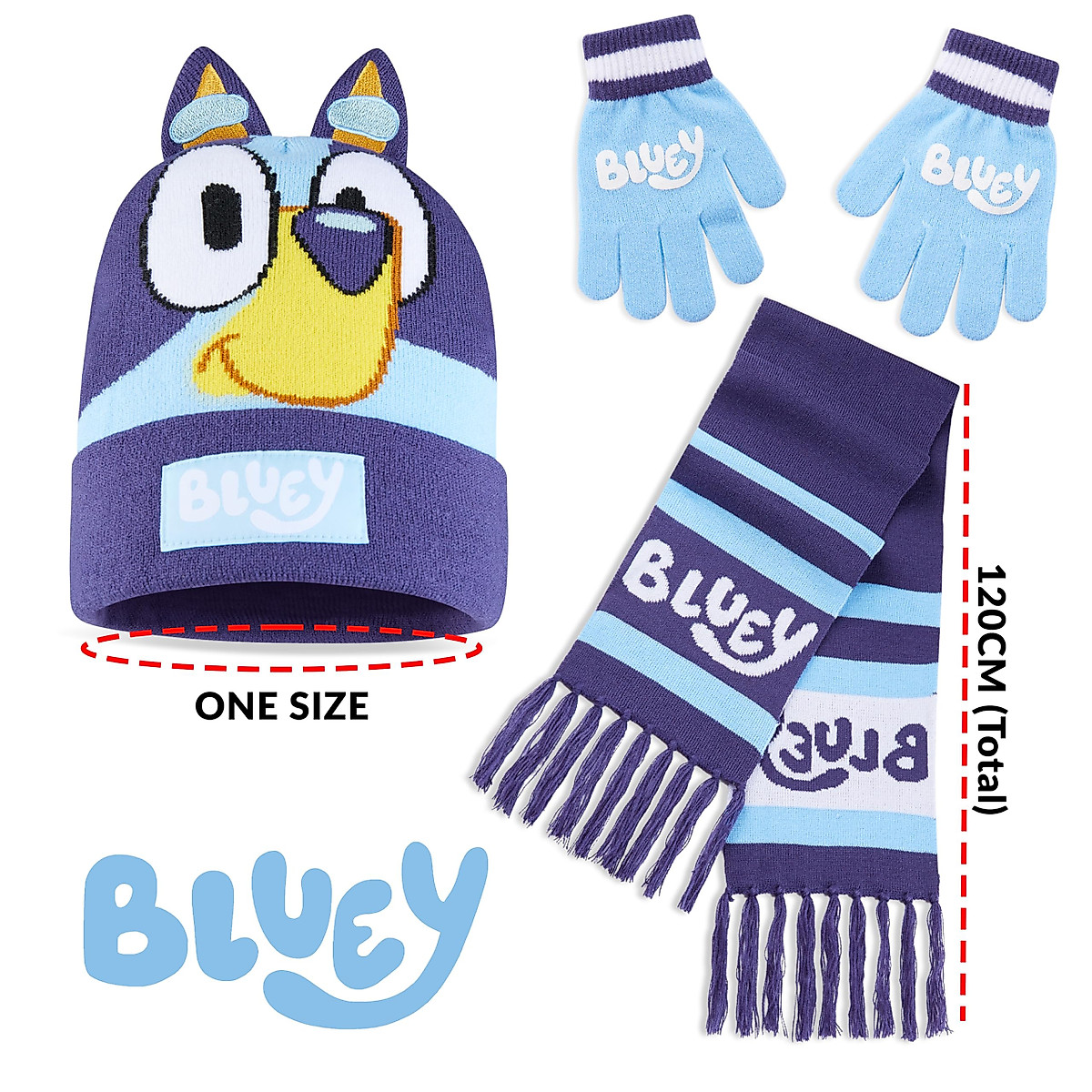 Bluey Girls Winter Set, Kids Hat & Gloves Scarf or Beanie and Gloves - Gifts for Girls (Blue 3 Pcs)