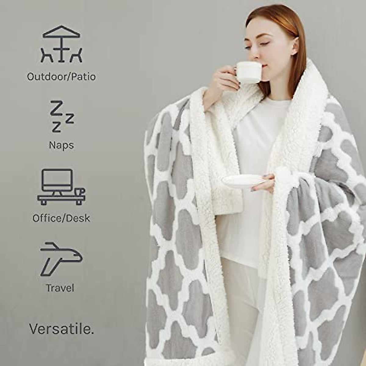 Soft Sherpa Shaggy Fleece Blanket Gray - Fuzzy Fluffy Super Soft Furry Plush Decorative Blanket Dual Sided Throw Size fit Couch Sofa Thick Warm Cozy Blanket, Quatrefoil Pattern 50x60 inches，420GSM