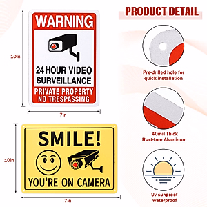 4 Pieces Smile You're On Camera Sign and Private Property No Trespassing Sign Video Surveillance Signs UV Printed 40 Mil Rust Aluminum Security Camera Sign for Home Business (Simple Style)
